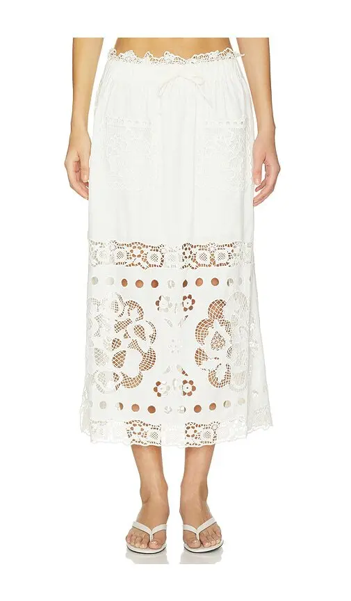 Sea Gardener Embroidered Midi Skirt - Cream