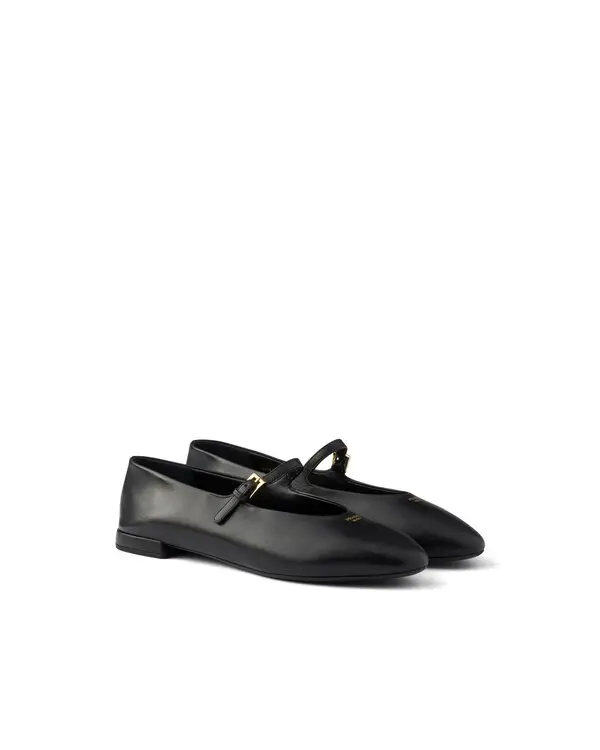 Prada Leather Ballerinas With Buckle Detail - Black