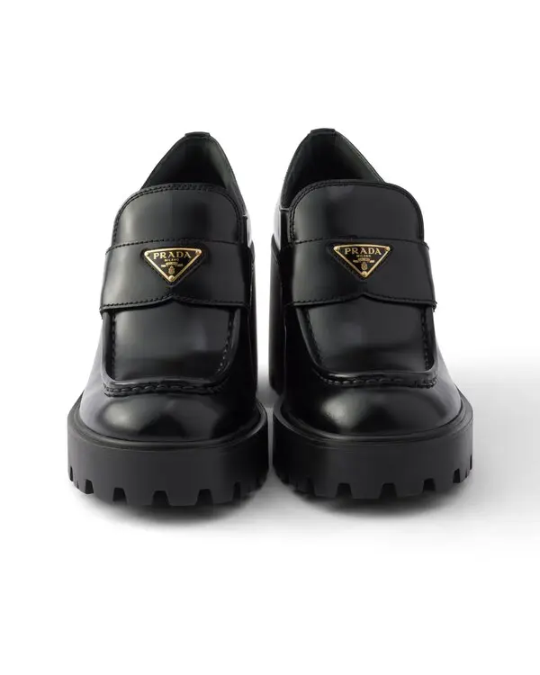 Prada Brushed Leather Loafers With Block Heel