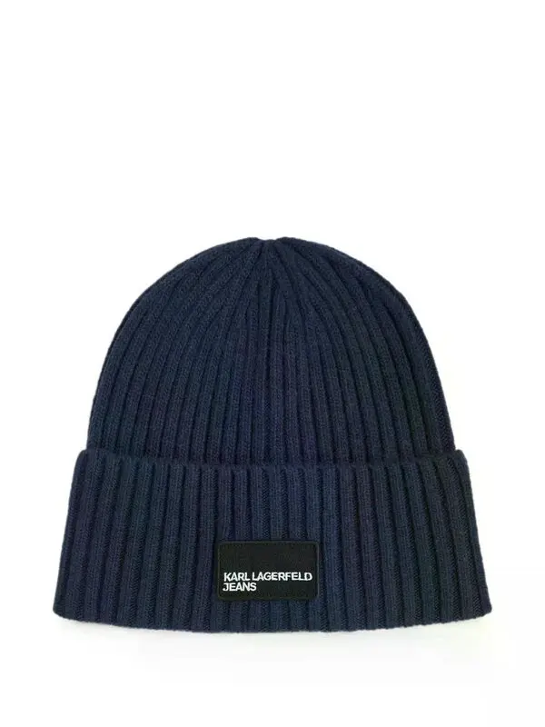 Karl Lagerfeld Ribbed Knit Logo Patch Beanie - Blue