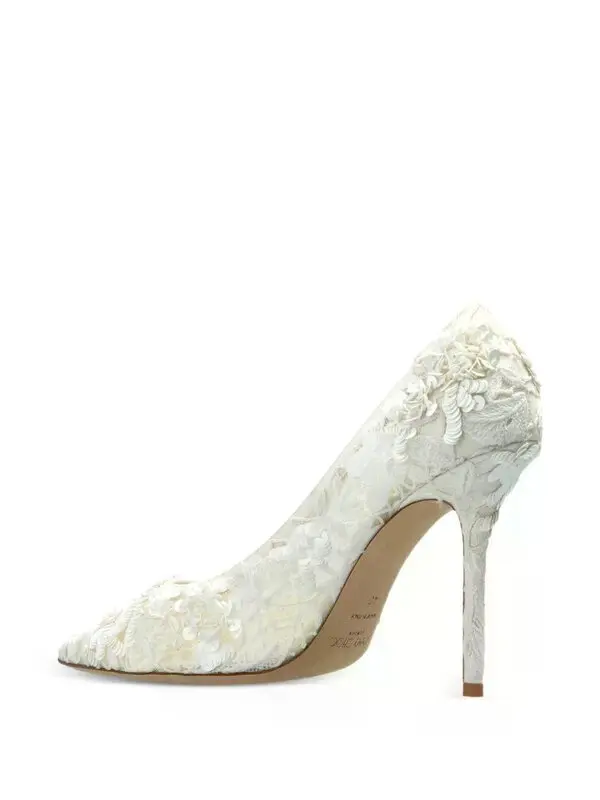 JIMMY CHOO Floral Appliqué Pointed Toe Stiletto Pumps - White