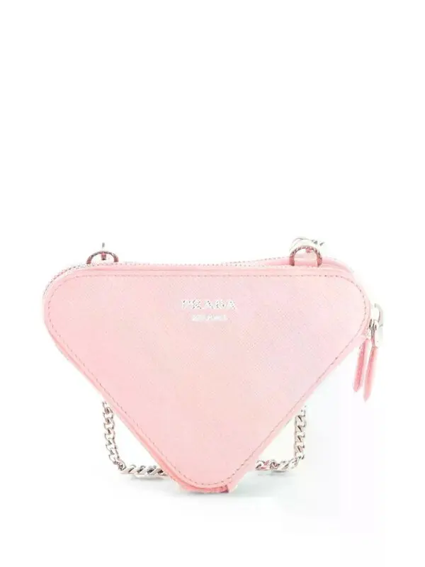 Prada Triangle Double Zip Pouch Bag With Chain Saffiano Leather Mini Crossbody Bag - Pink