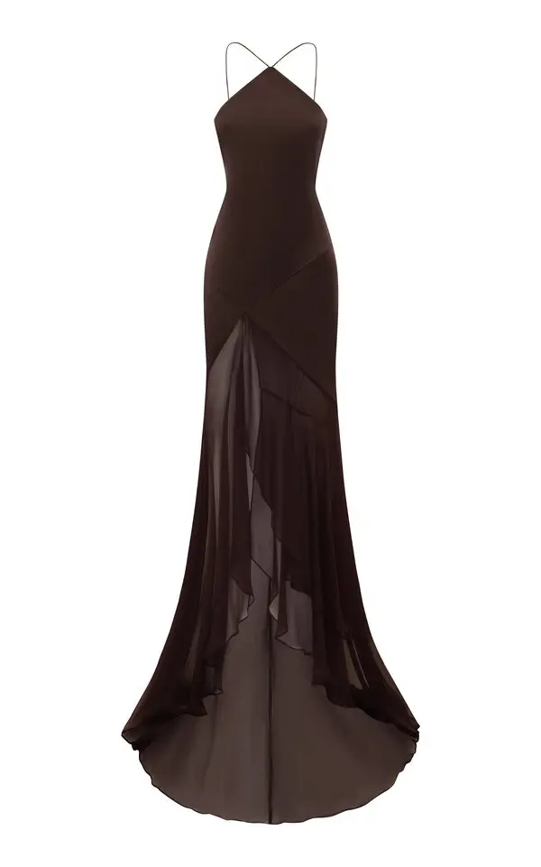 Alex Perry Silk Halter Gown With Tiered Skirt - Brown
