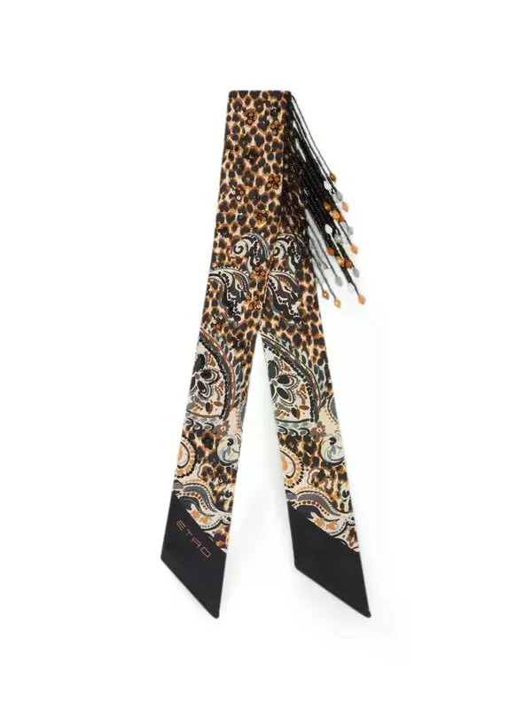 Etro Silk Twill Paisleyina With Fringing And Paisley And Leopard Print - Neutrals
