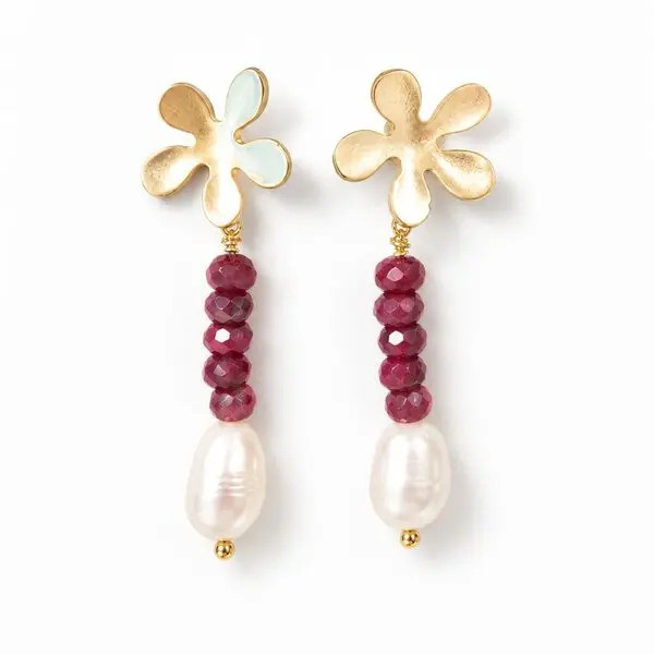 Way To Chic Ruby Bloom Gold-plated Flower Earrings With Malaysian Jade And Freshwater Pearls - Red