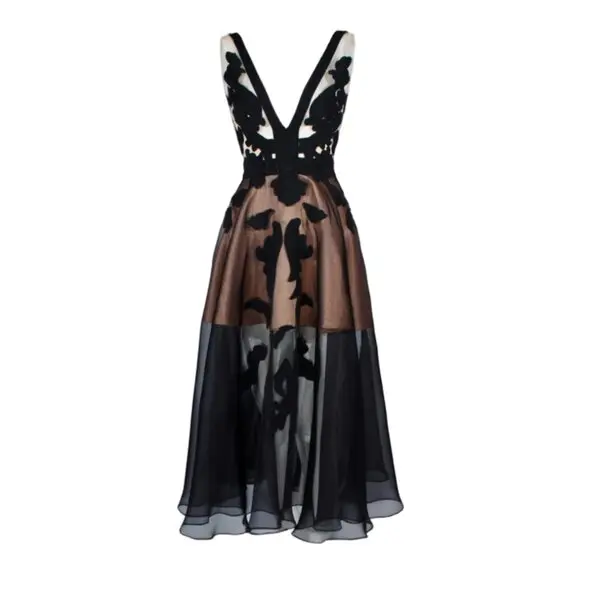 ALINA CERNATESCU Neutrals Fado Beige And Silk Midi Dress Handcrafted Embroidery For Eveningwear - Black
