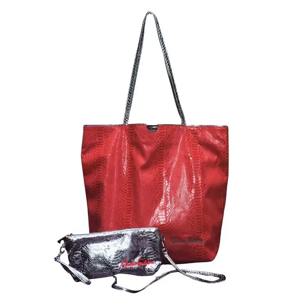 Carlos Falchi Microfiber Python Tote With Silver Pouch - Red