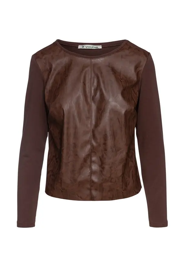 CONQUISTA Faux Leather Detail Top - Brown