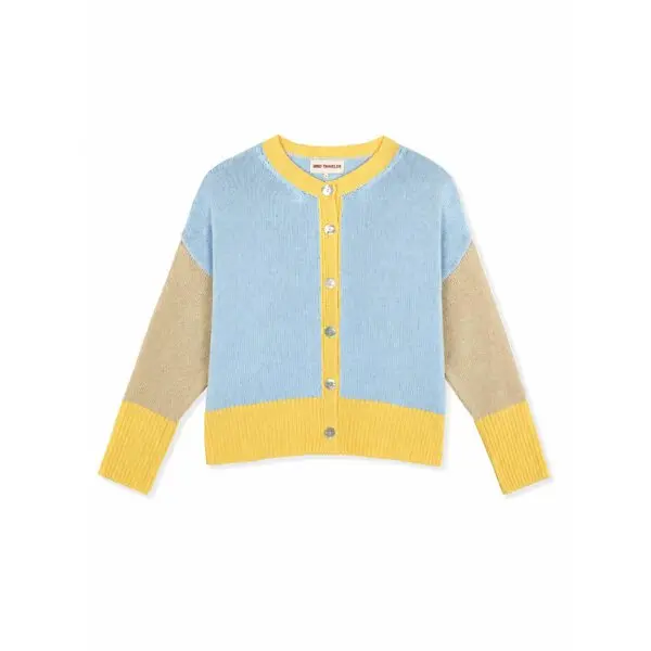 Mind Traveler Sky Blue, Beige & Colour-block Leti Cardigan - Yellow