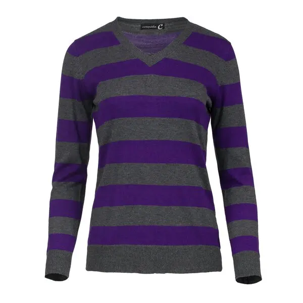 CONQUISTA Fitted Long Sleeve V Neck Striped Knit Jumper - Grey