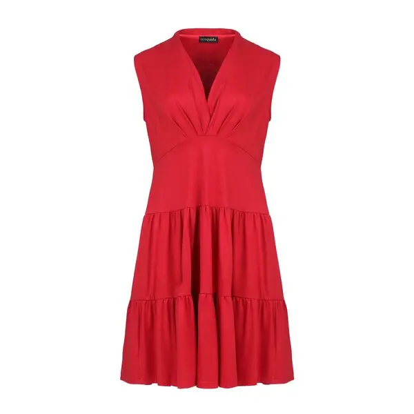 CONQUISTA Sleeveless V-neck Jersey Dress – Loose Fit, Knee-length - Red