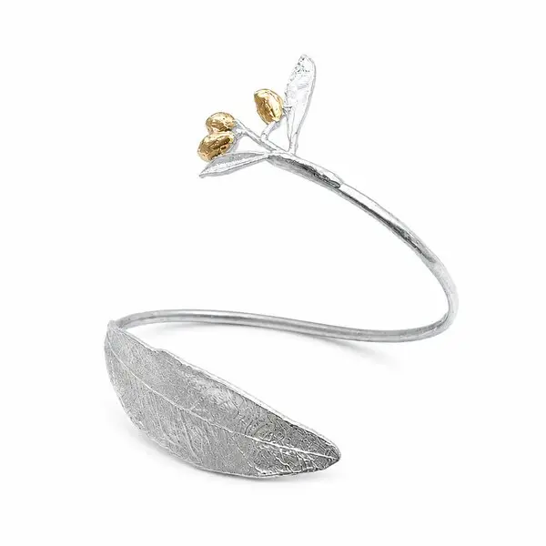 MOTHER NATURE JEWELRY Olive Leaf Bracelet, Handmade Statet Cuff Nature Jewelry, Gold Details - Silver