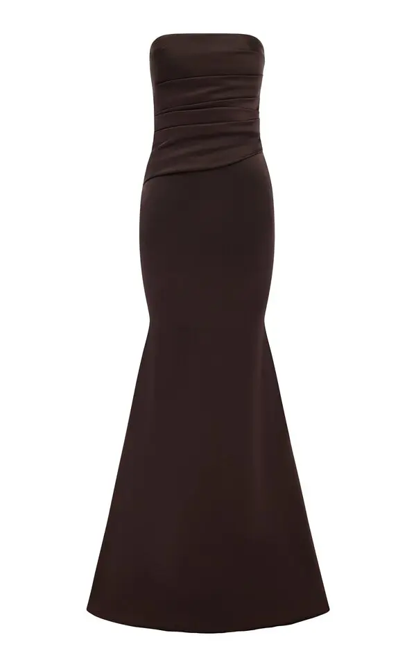 Alex Perry Strapless Drape Gown In Satin Crepe - Brown