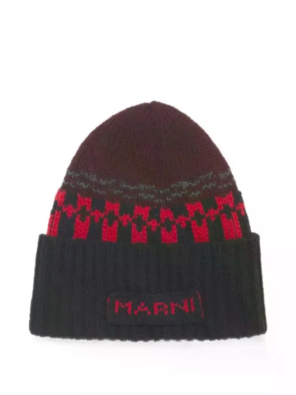 Marni Red Wool Beanie With Geometric Motif - Black