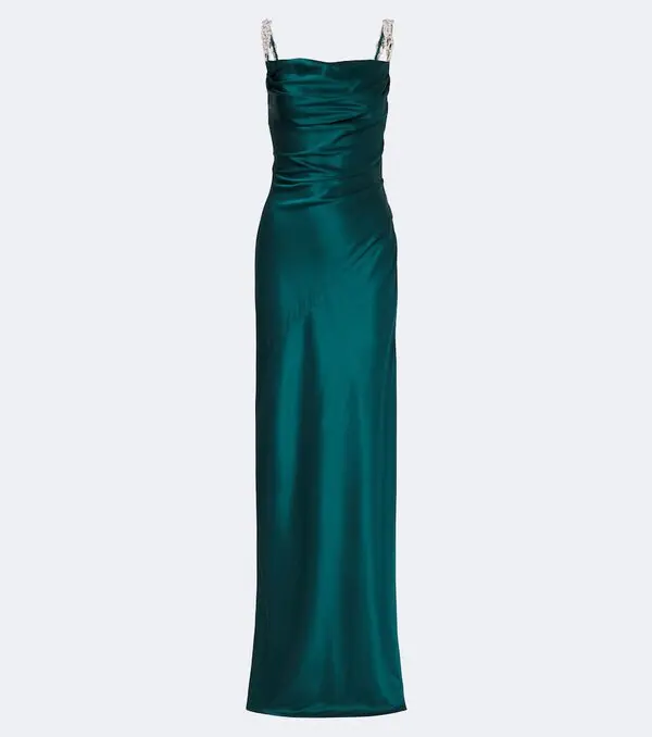 Balmain Embellished Ruched Silk Satin Gown - Blue