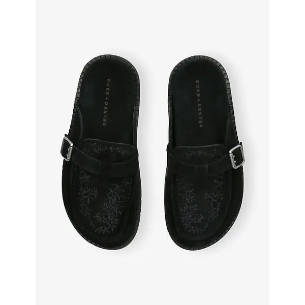 DUKE + DEXTER Winston Embroidered Backless Suede Mules