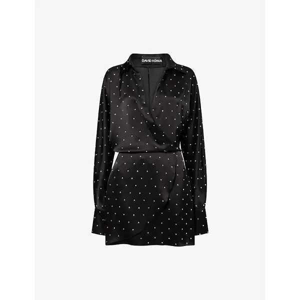 David Koma Star-embellished Wrap-front Satin Mini Shirt Dress - Black/silver