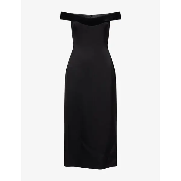 David Koma Off-shoulder Velvet-trim Satin Midi Dress - Black
