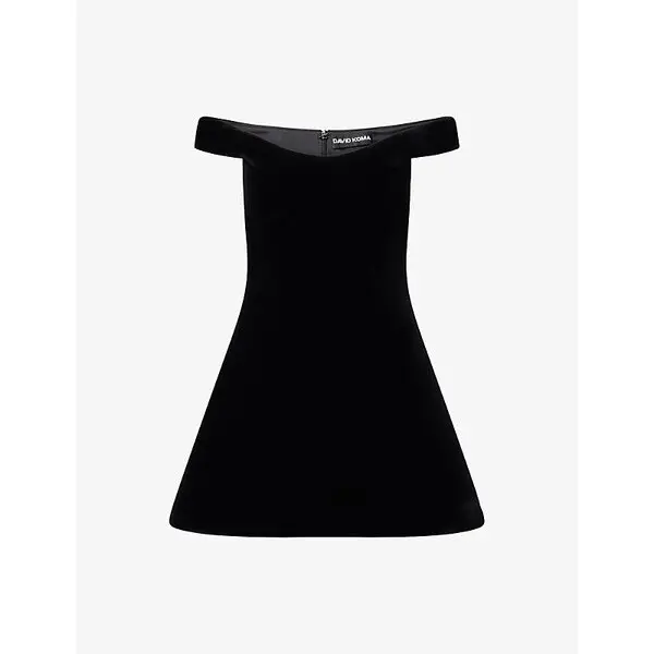 David Koma Off-shoulder Flared Velvet Mini Dress - Black