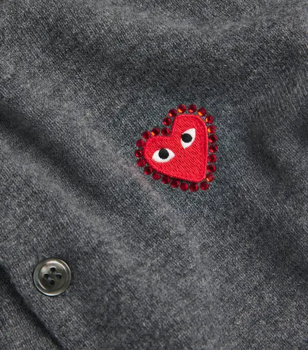 Play Comme Des Garcon Rhinestone Heart Wool Cardigan