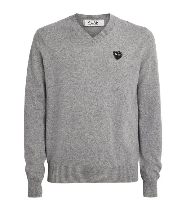 Play Comme Des Garcon Wool V-neck Rhinestone Heart Sweater - Grey