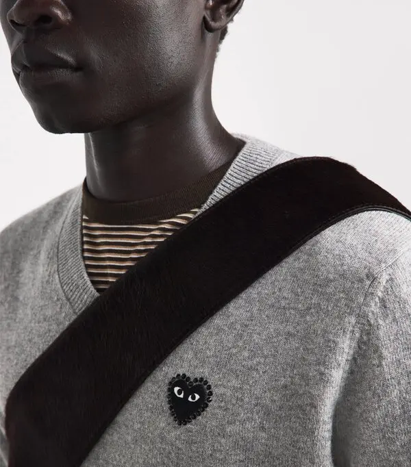 Play Comme Des Garcon Wool V-neck Rhinestone Heart Sweater - Grey