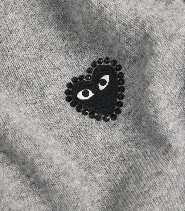 Play Comme Des Garcon Wool V-neck Rhinestone Heart Sweater - Grey