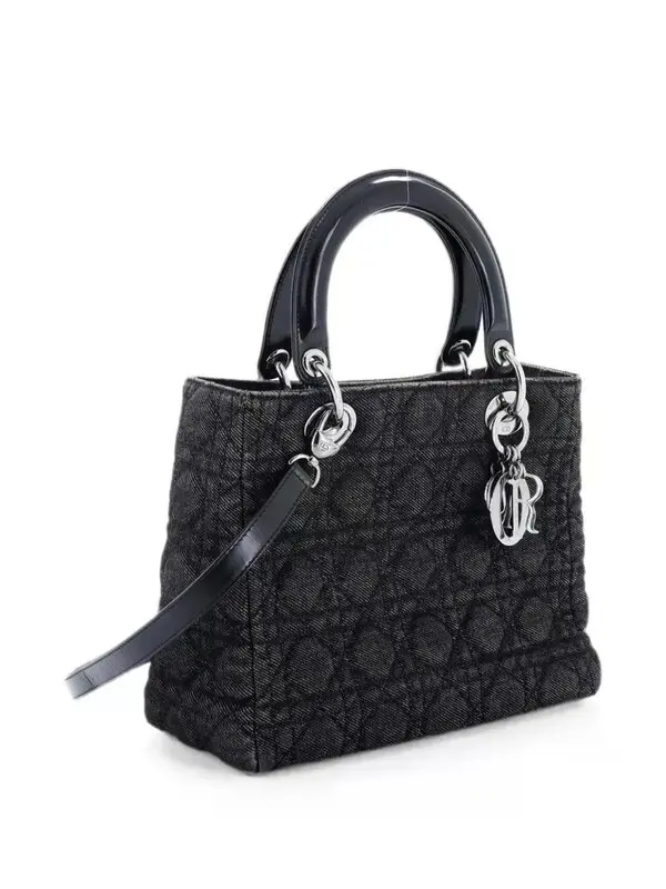 Dior Vintage Lady Bag Cannage Quilt Denim Medium Tote Bag - Black