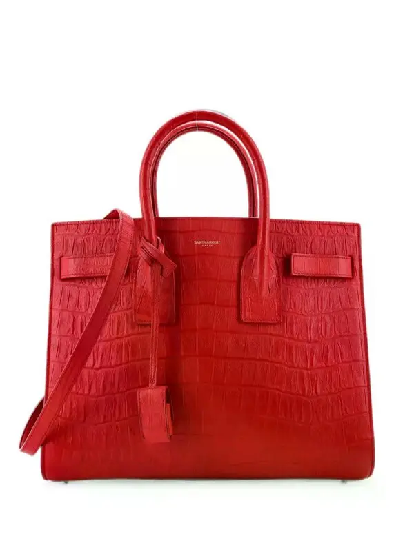 Saint Laurent Sac De Jour Nm Bag Crocodile Embossed Leather Small Satchel - Red
