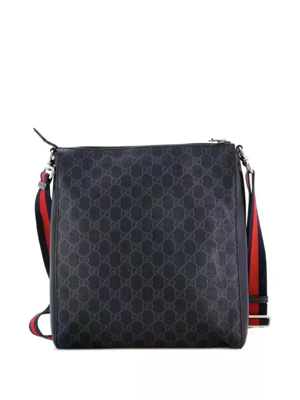 Gucci Web Strap Front Zip Messenger Bag Gg Coated Canvas Medium Crossbody Bag - Black
