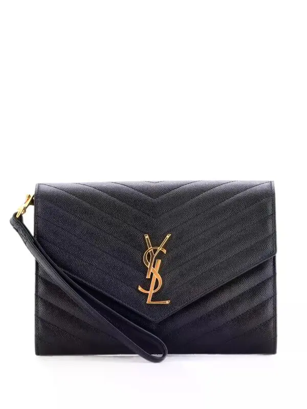 Saint Laurent Classic Monogram Envelope Wristlet Mixed Matelasse Leather Clutch Bag - Black