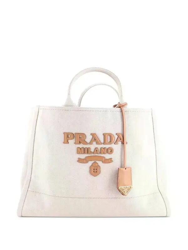 Prada Logo Linen Blend Large Tote Bag