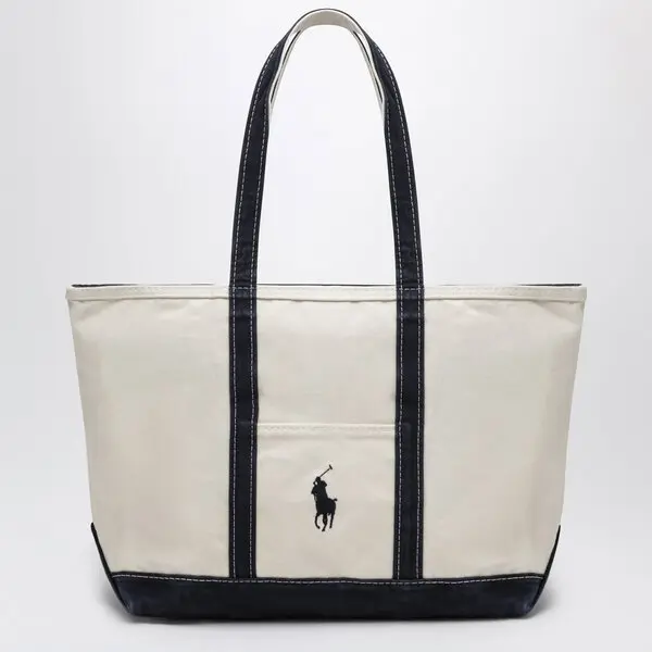 Polo Ralph Lauren Big Pony Logo Tote Bag In Cream And Navy Cotton - Beige