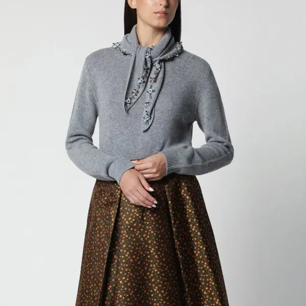 Prada Cashmere Sweater With Jeweled Scarf - Grey