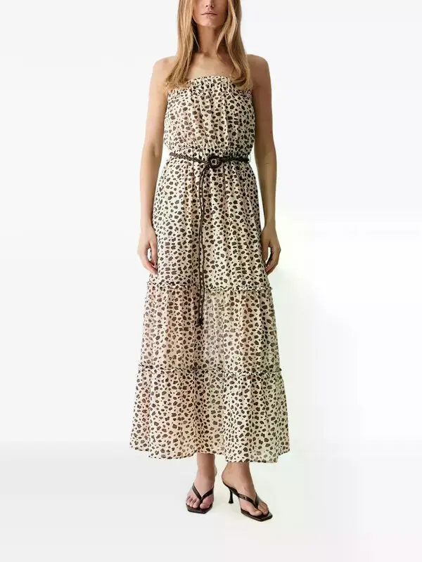 VICOLO Animal Print Strapless Midi Dress With Tiered Skirt