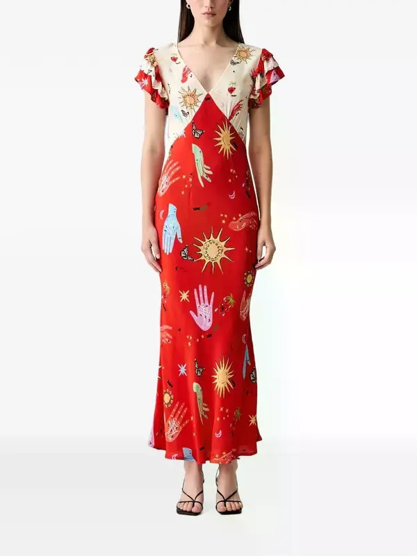 NEVER FULLY DRESSED Graphic-print Ruffled-sleeve Maxi Dress