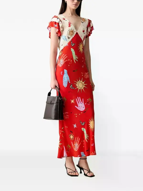 NEVER FULLY DRESSED Graphic-print Ruffled-sleeve Maxi Dress