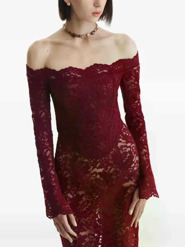 2310 STUDIO Off-shoulder Lace Maxi Dress - Red