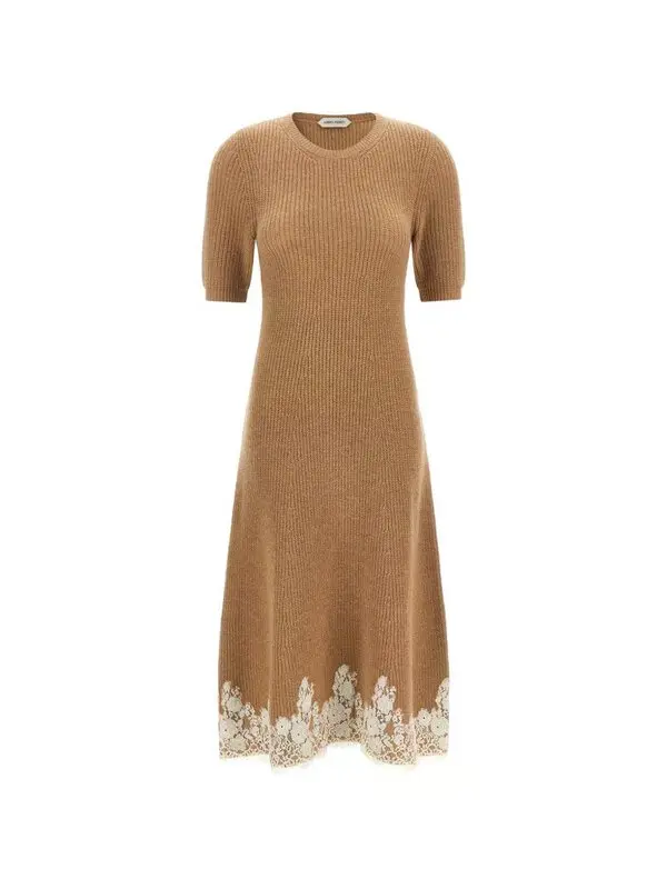 Alberta Ferretti Lace-hem Ribbed-knit Midi Dress - Neutrals