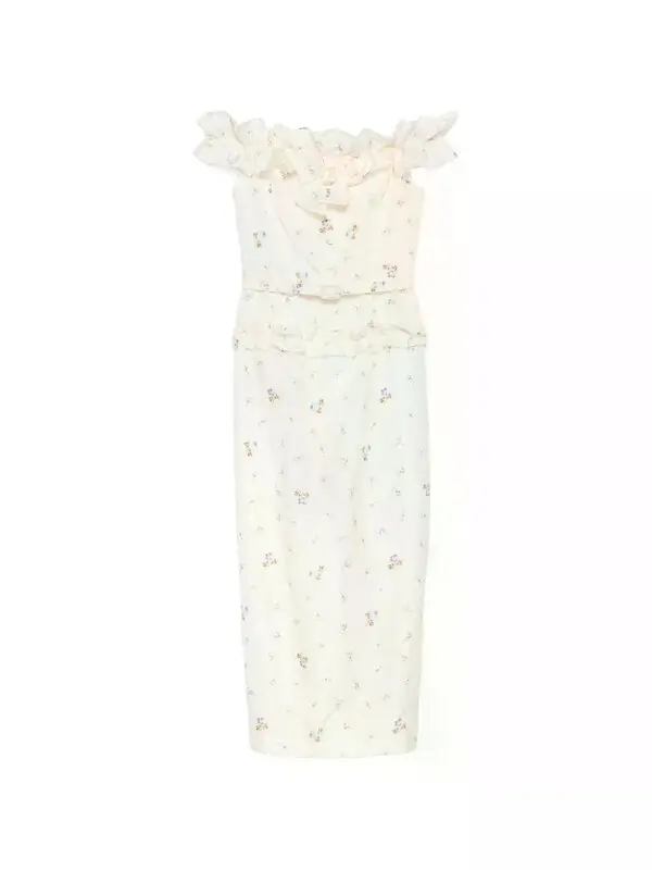 Alessandra Rich Floral Print Silk Ruffled Dress - Neutrals