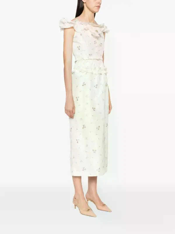 Alessandra Rich Floral Print Silk Ruffled Dress - Neutrals