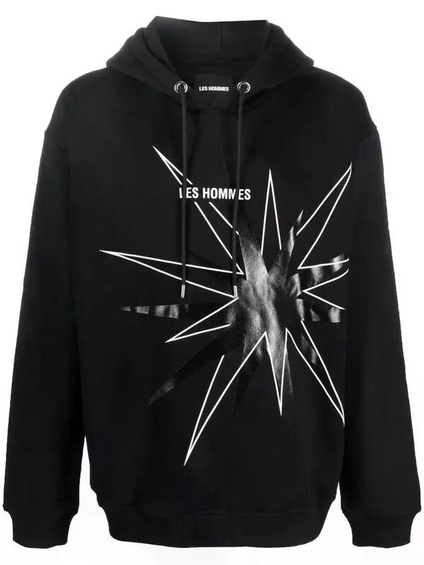 LES HOMMES Logo Star-print Drawstring Hoodie - Black