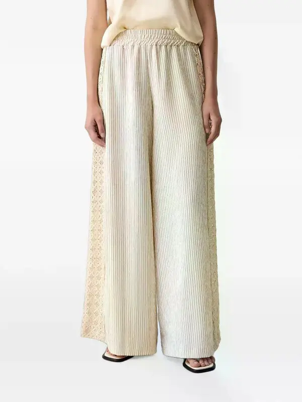 VICOLO Stripe-pattern Lace-trim Palazzo Pants - Neutrals
