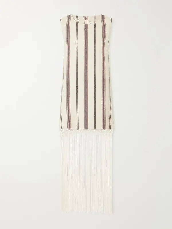 Alix Of Bohemia Vita Fringed Striped Cotton And Linen-blend Mini Dress - Neutrals
