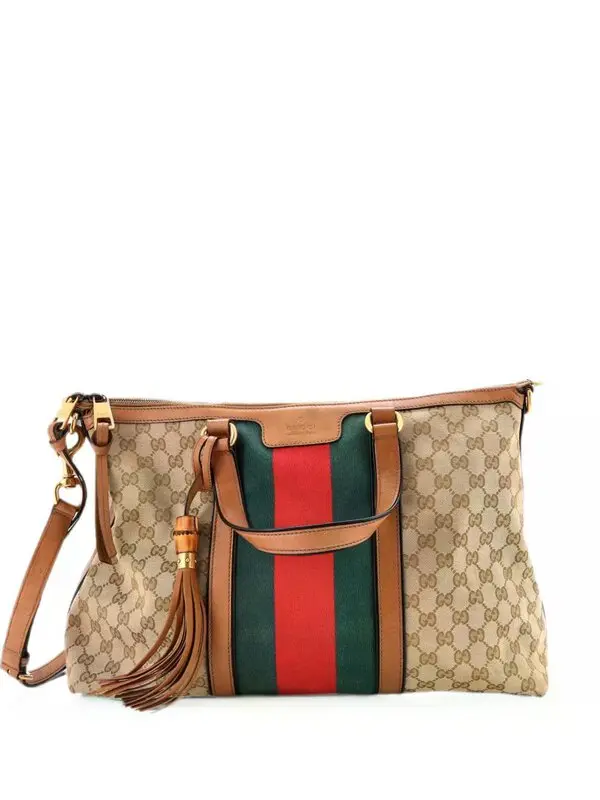 Gucci Rania Convertible Top Handle Bag Web Gg Canvas Medium Tote Bag - Brown