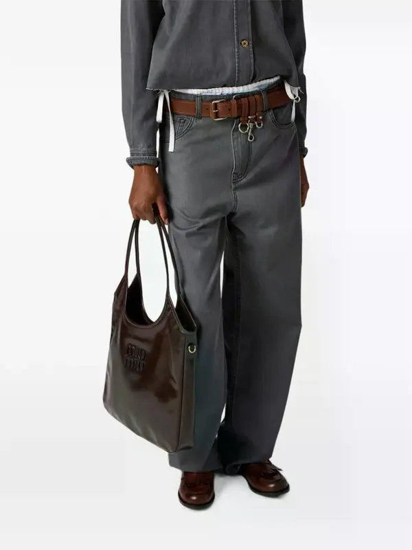 Miu Miu Wide-leg Chambray Jeans With Embroidered Logo - Grey