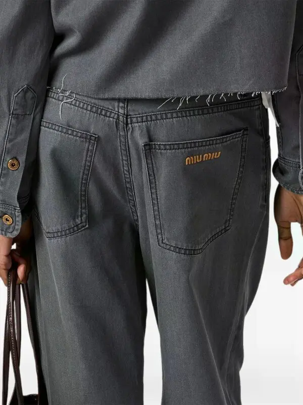 Miu Miu Wide-leg Chambray Jeans With Embroidered Logo - Grey