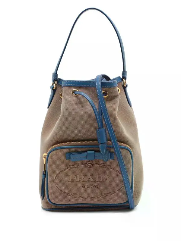 Prada 2010-2026 Canvas Canapa Logo Bow Drawstring Bucket Satchel - Neutrals