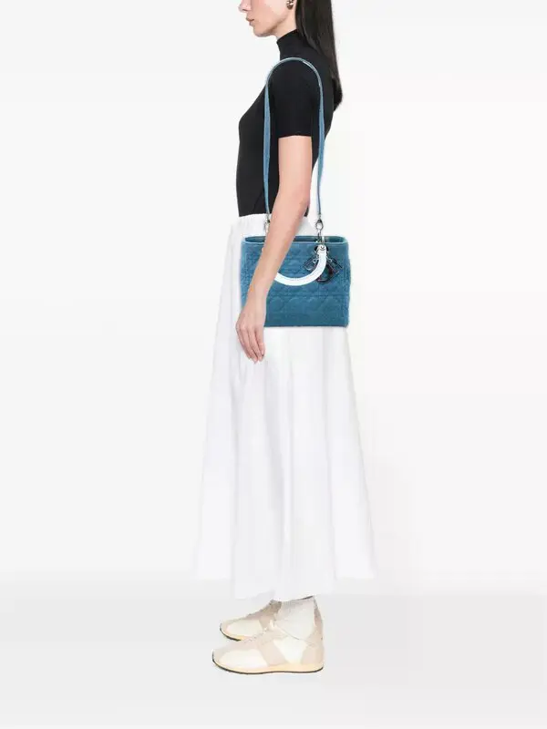 Dior 1999 Medium Denim Cannage Acrylic Handles Lady Satchel - Blue
