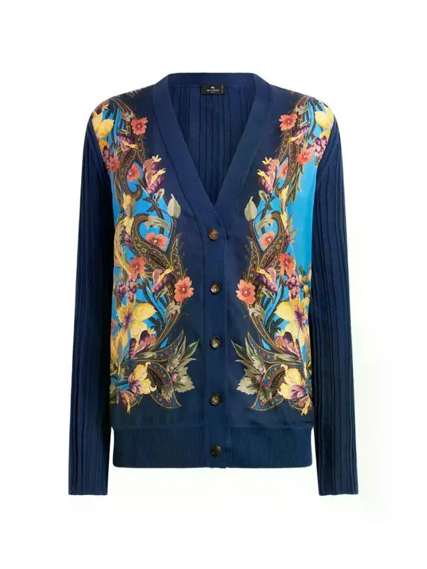Etro Cardigan In Wool And Silk With Placed Paisley And Flower-print - Blue